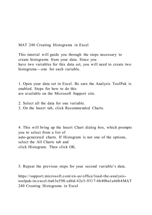 MAT 240 Creating Histograms in Excel This tutorial wil | PDF