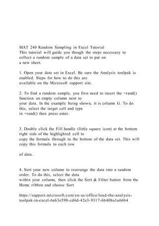 MAT 240 Random Sampling in Excel Tutorial This tutorial wi | DOCX