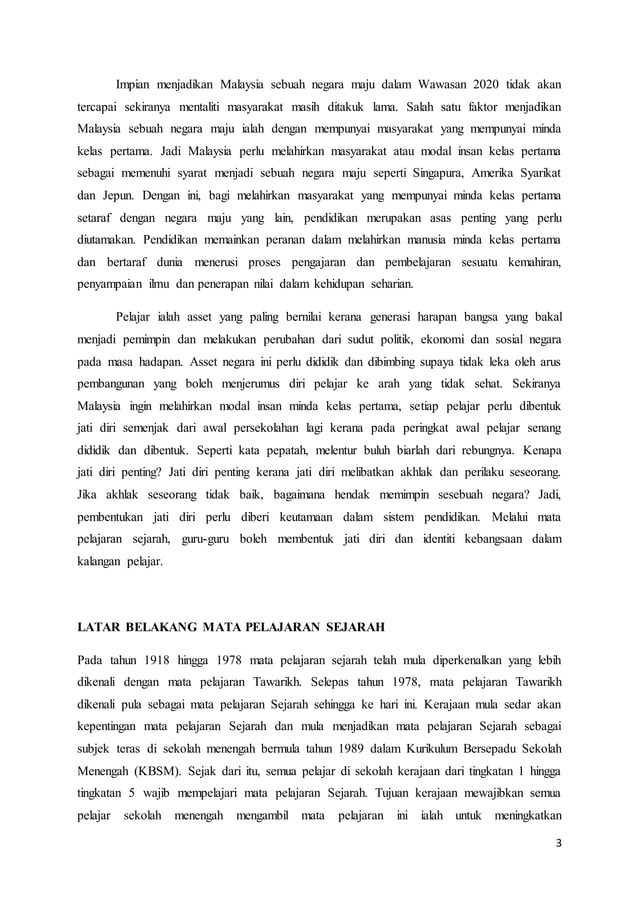 MATAPELAJARAN SEJARAH DAN PEMUPUKAN JATI DIRI PELAJAR | DOCX