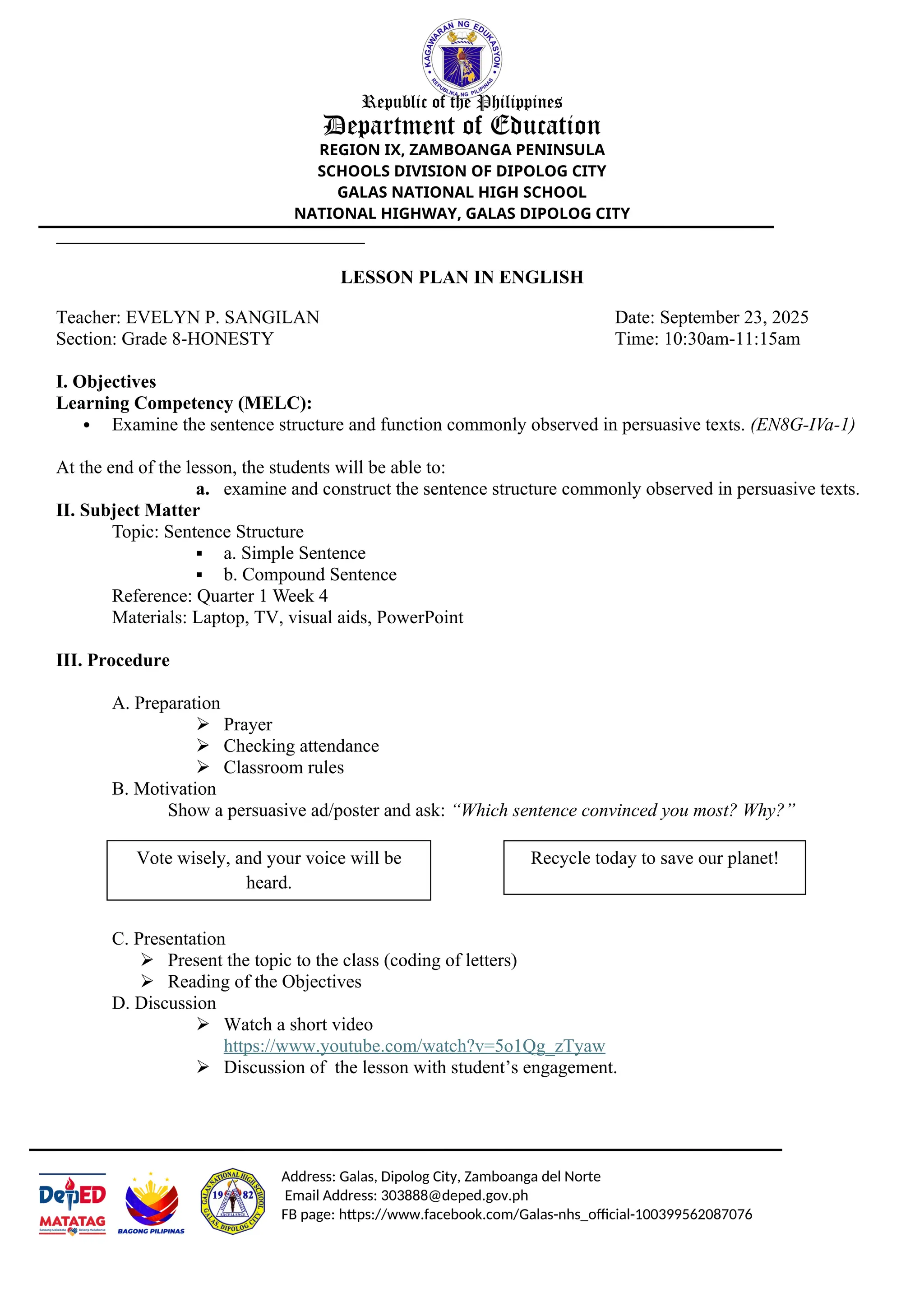 Understanding sentence structure of persuasive text | DOCX