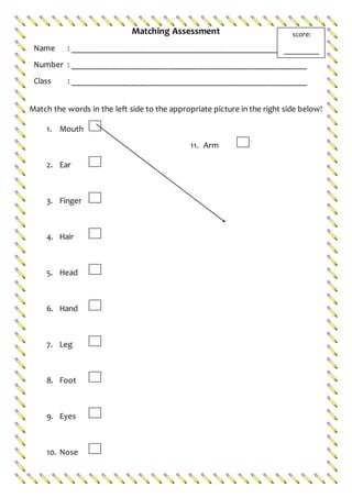Matching assessment about part of body for grade four | PDF