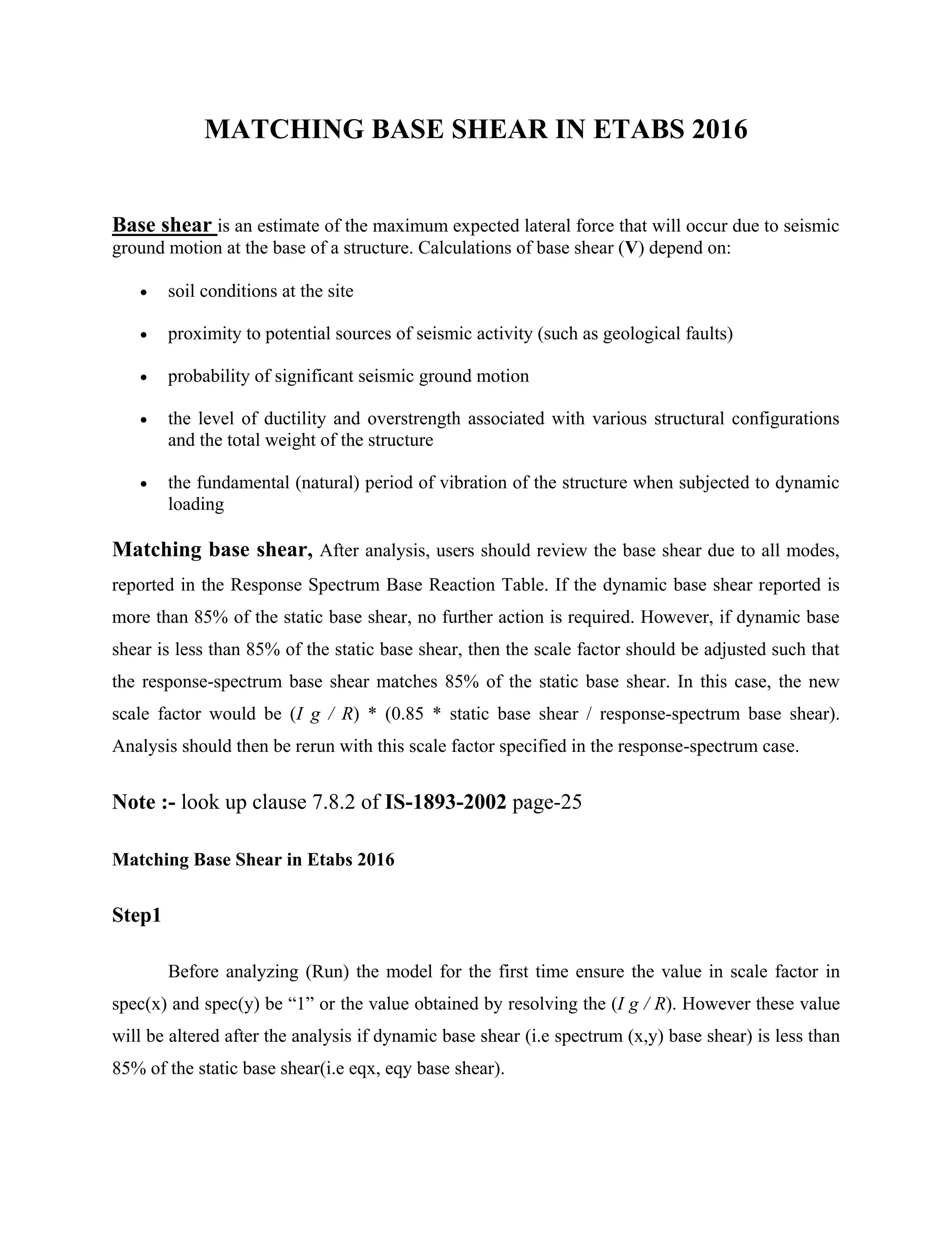 Matching base shear in Etabs 2016 | PDF