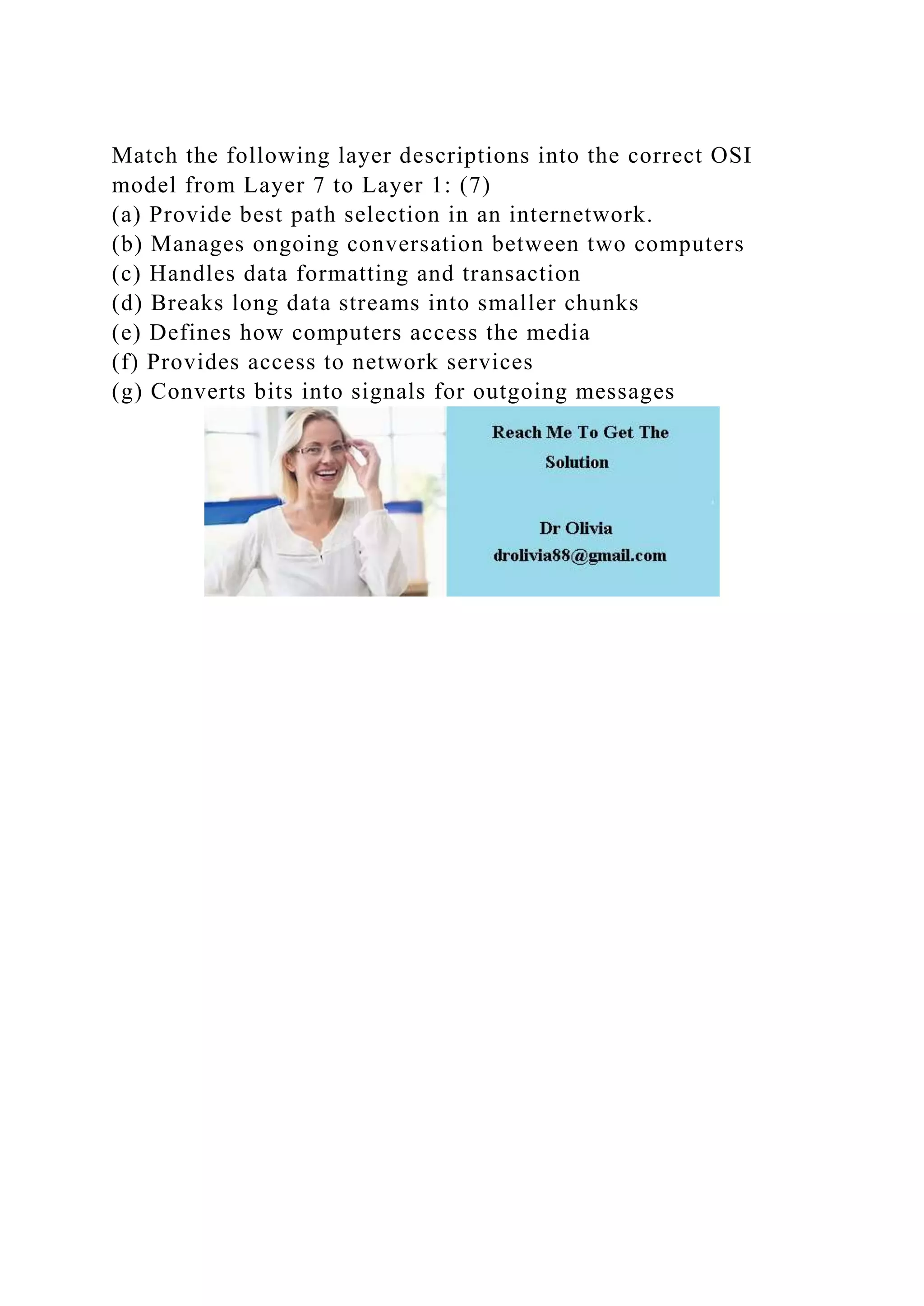 Match the following layer descriptions into the correct OSI model fr.docx | Computer Networking ...