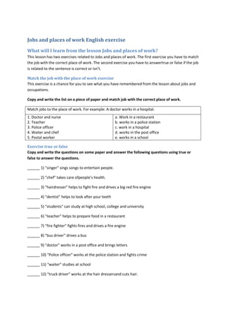 Match the job with the place of work exercise | DOCX
