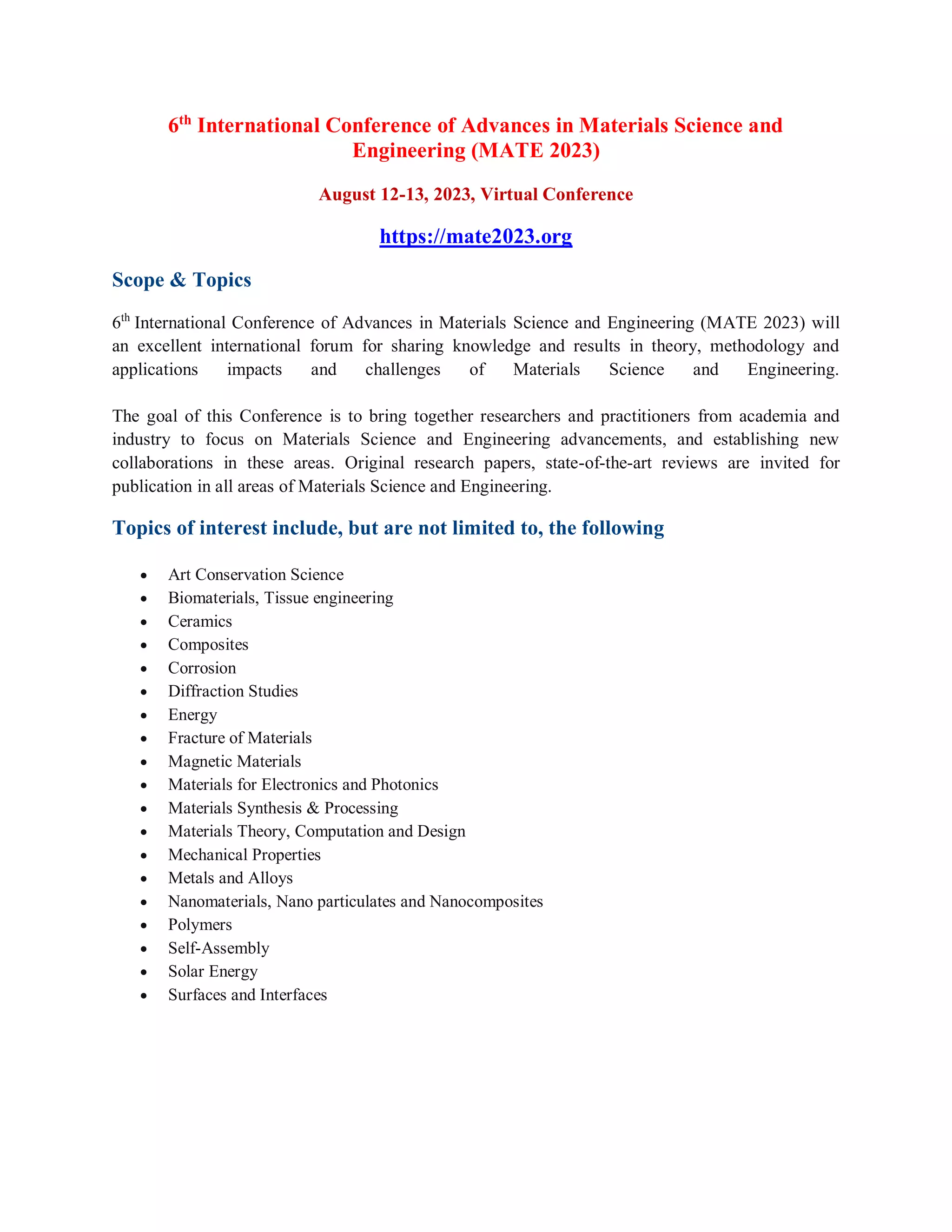 6th International Conference of Advances in Materials Science and Engineering (MATE 2023) | PDF