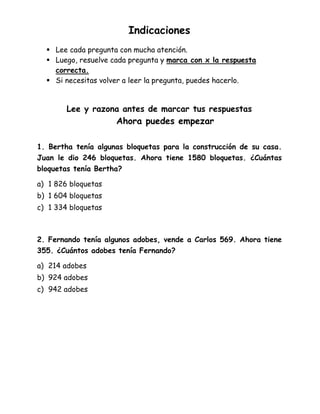 PRUEBA Matemática 5to grado primaria. | PDF