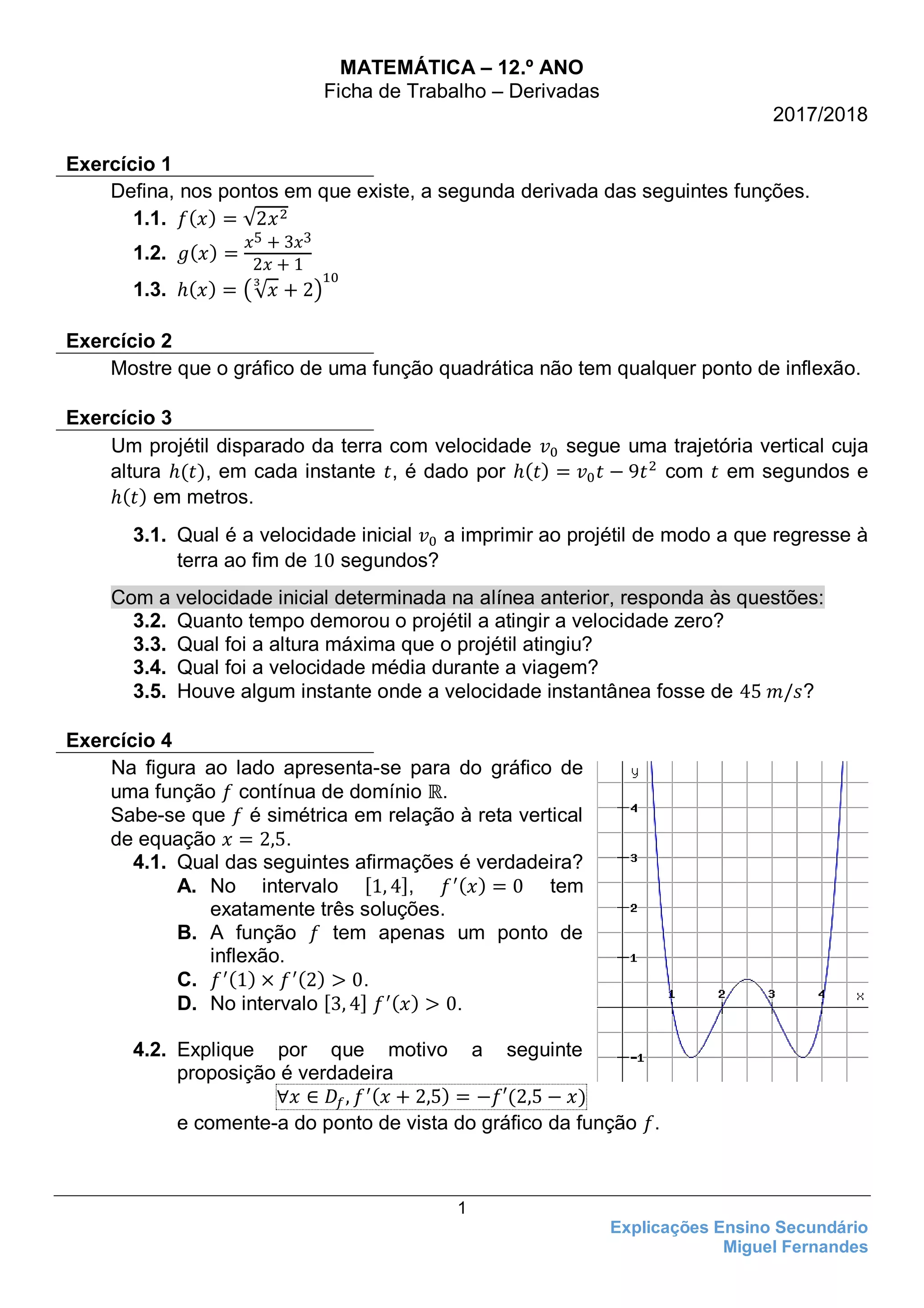 Matemática - 12.º Ano - Ficha de trabalho sobre derivadas | PDF