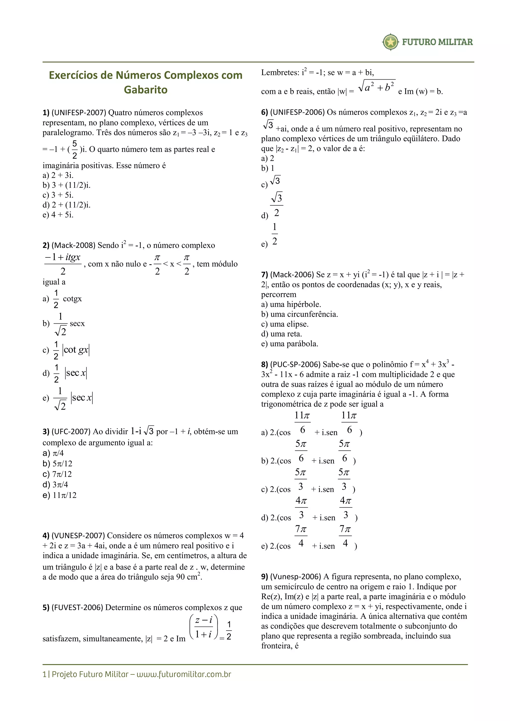 Matematica exercicios numeros_complexos_gabarito | PDF