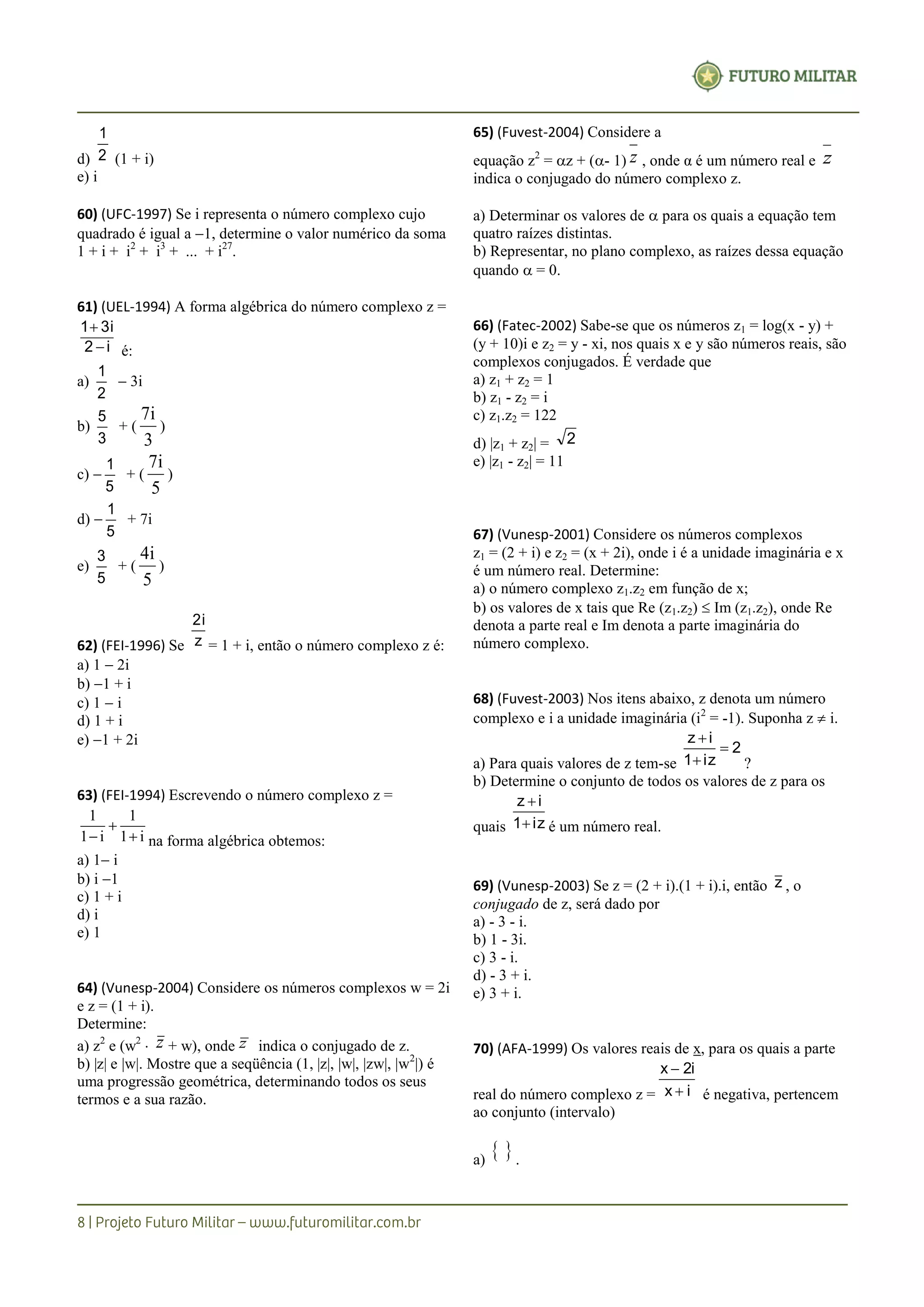 Matematica exercicios numeros_complexos_gabarito | PDF