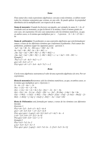 Suma, Resta y Valor numérico de Expresiones algebraicas. | DOCX