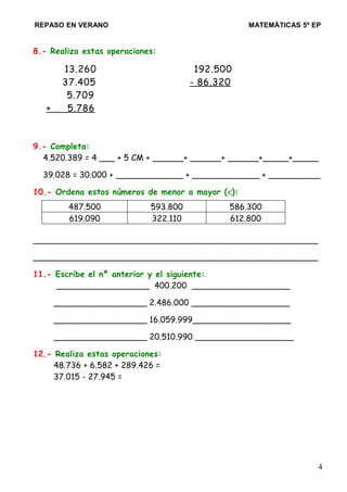 Matematicas 5º ep repaso en verano | PDF
