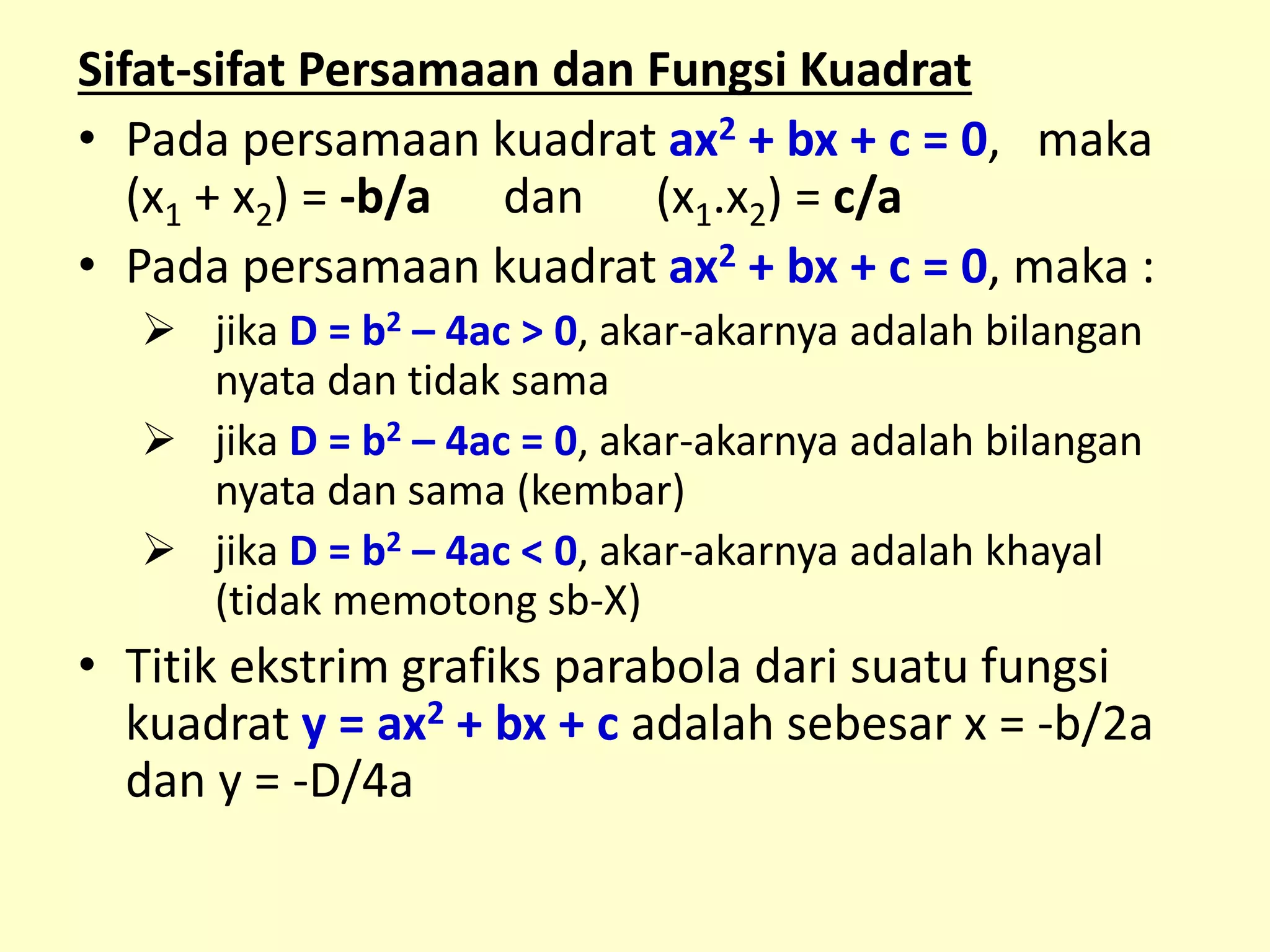 Bahan ajar MK Matematika "Persamaan dan fungsi kuadrat" | PPTX