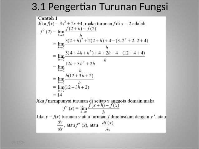 Materi Matematika Pokok Bahasan Turunan Fungsi Aljabar | PPT