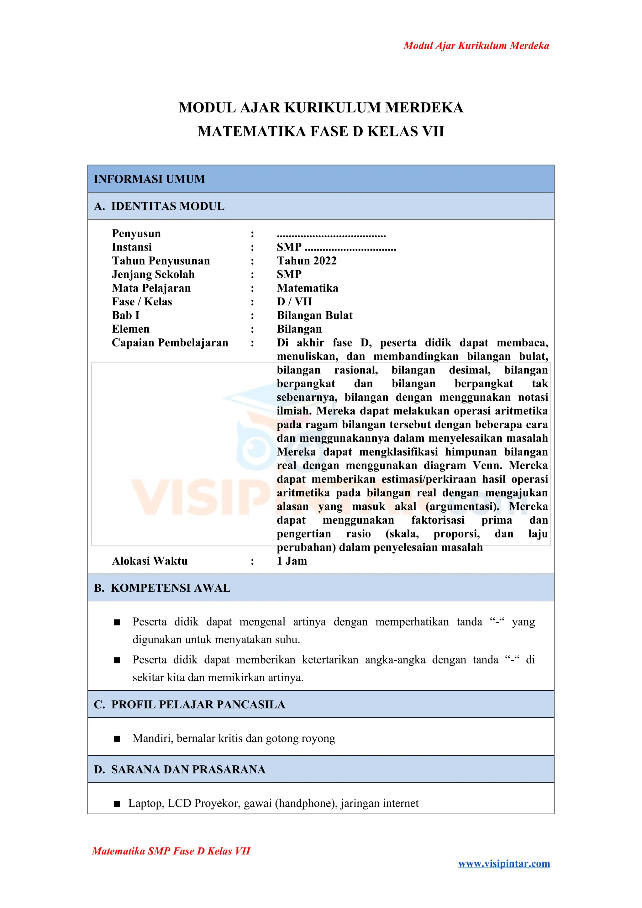 Modul Ajar Matematika SMP Kelas 7 Kurikulum Merdeka | DOCX