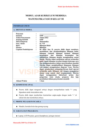 Modul Ajar Matematika SMP Kelas 7 Kurikulum Merdeka | DOCX