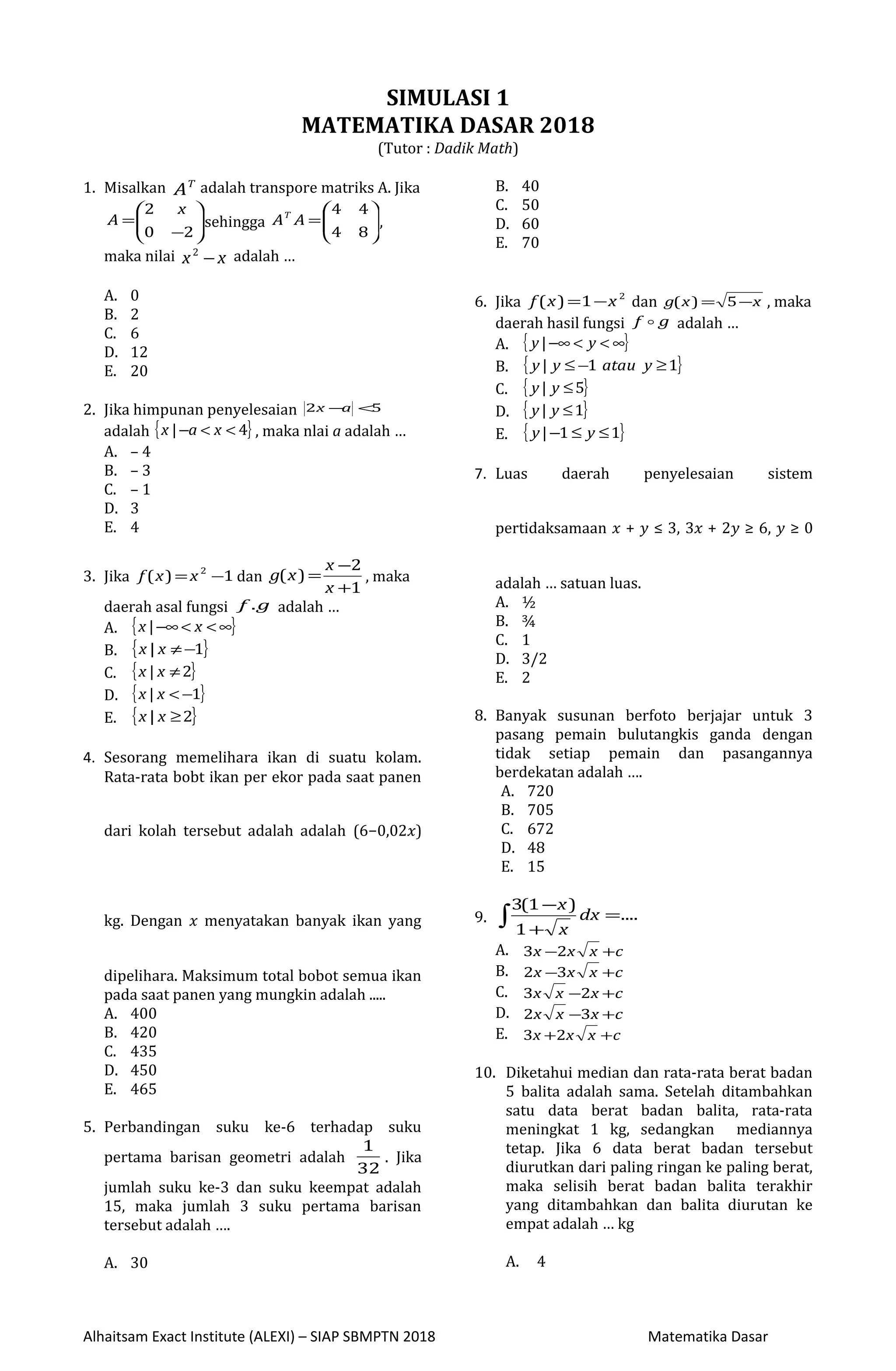 Matematika dasar simulasi 1 | PDF