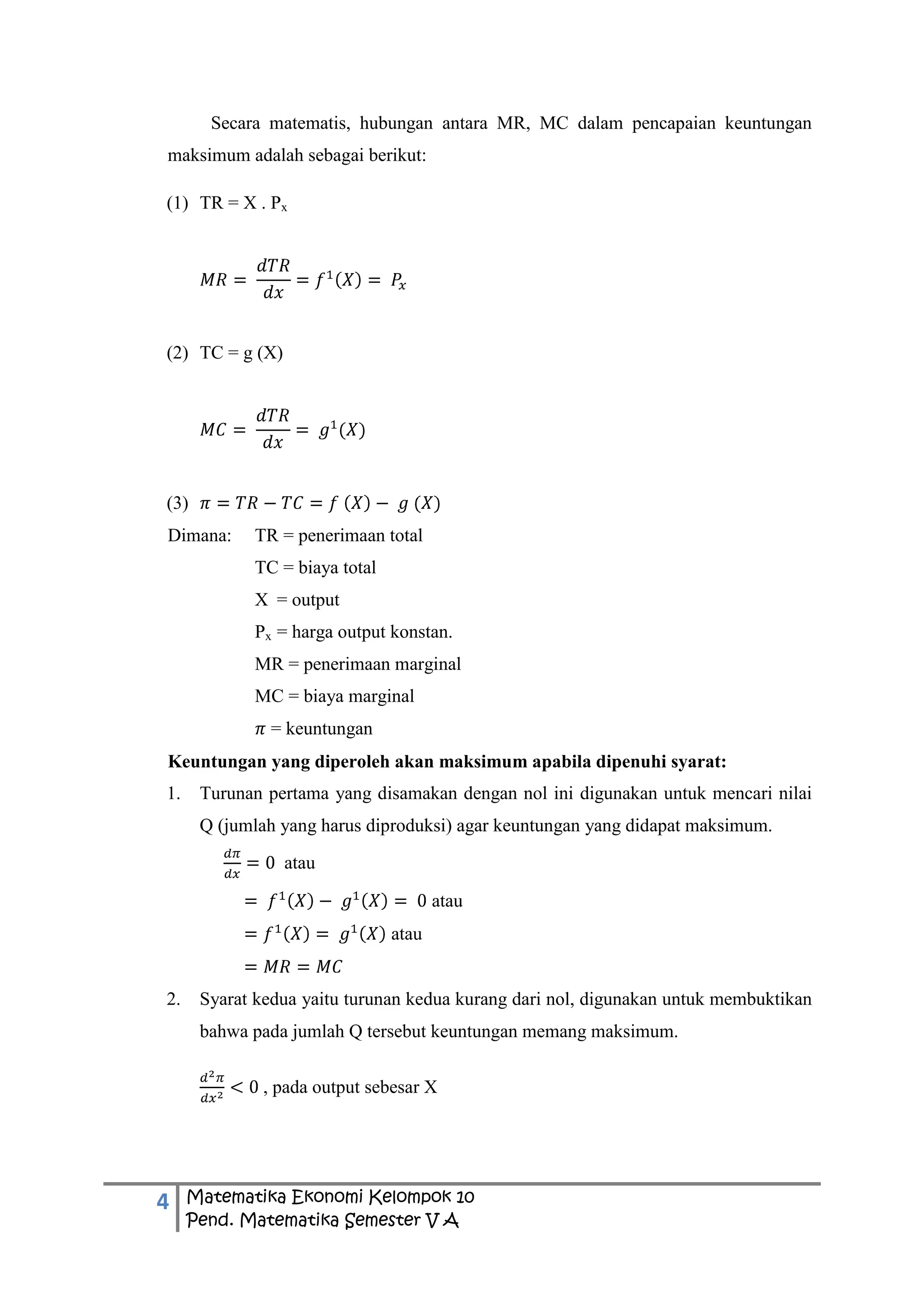 Matematika ekonomi (Keuntungan Maksimum) | DOCX