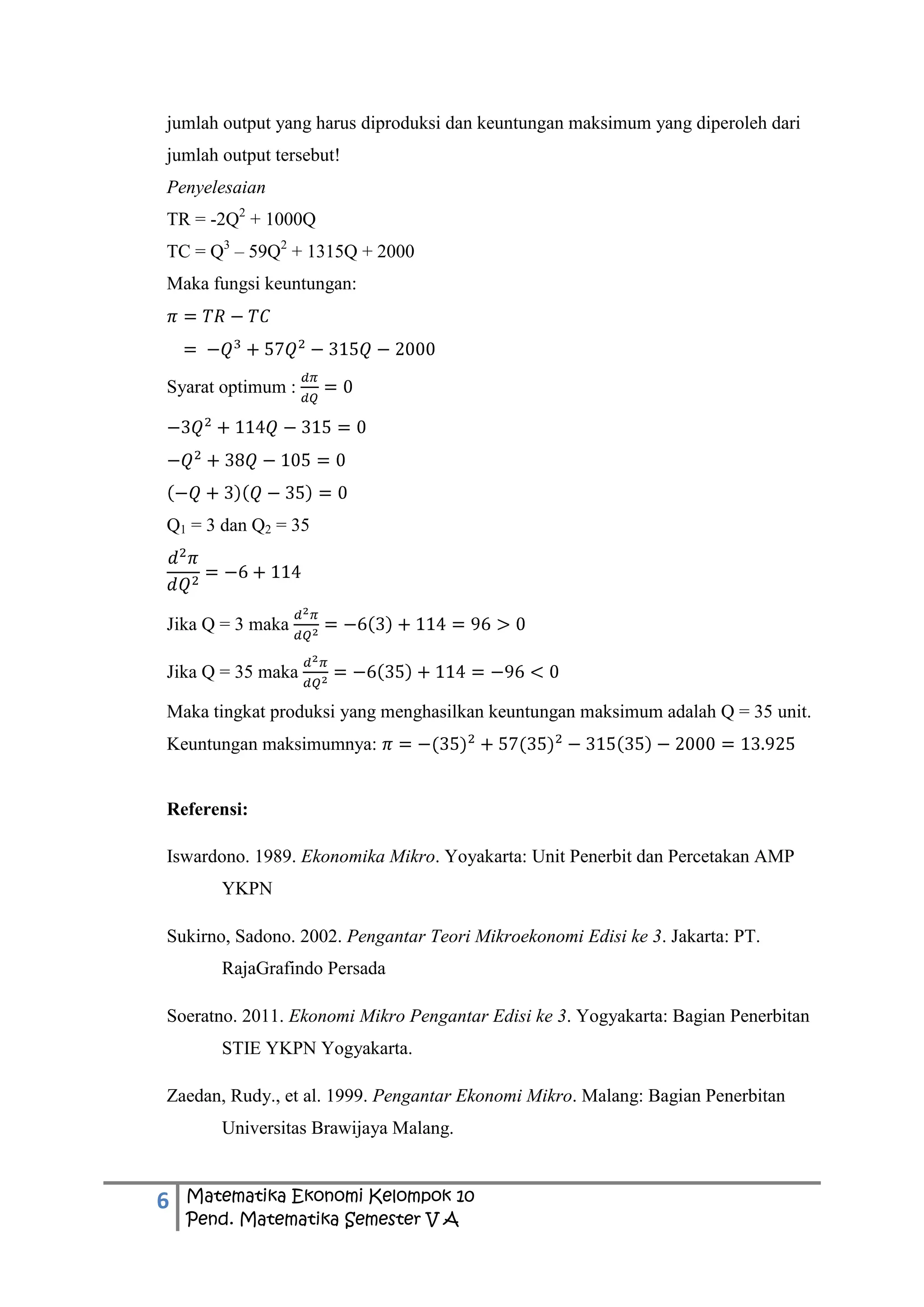Matematika ekonomi (Keuntungan Maksimum) | DOCX