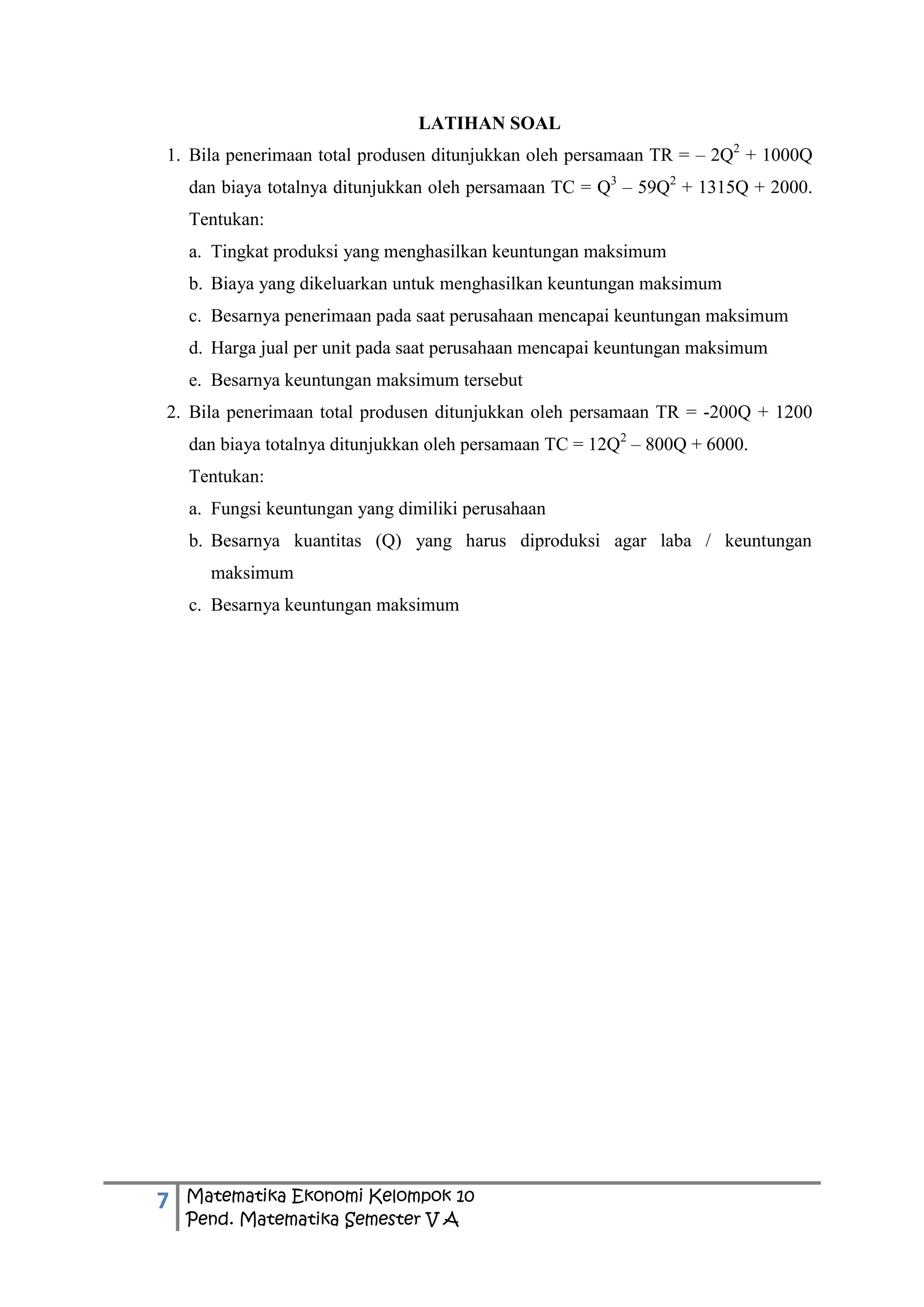 Matematika ekonomi (Keuntungan Maksimum) | DOCX