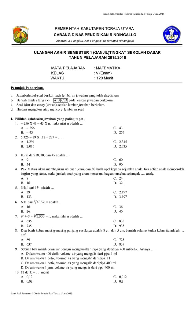 Matematika kelas 6 semester 1 uas | DOCX