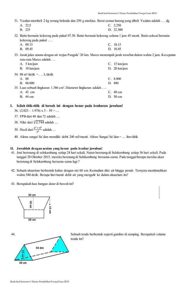 Matematika kelas 6 semester 1 uas | DOCX