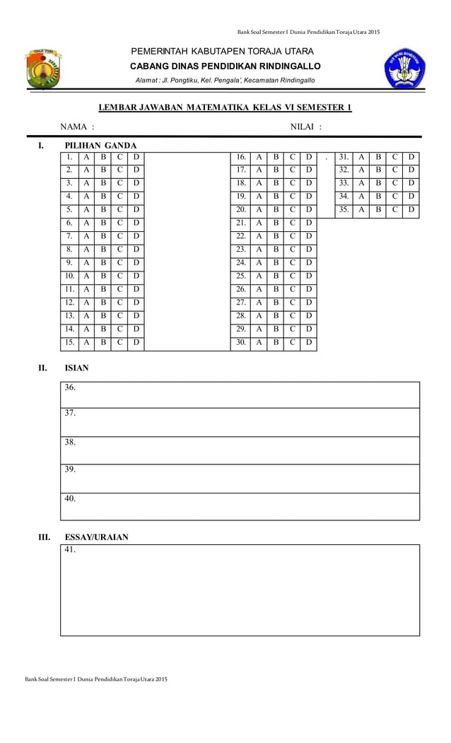 Matematika kelas 6 semester 1 uas | DOCX