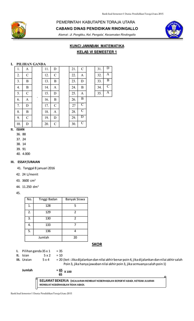 Matematika kelas 6 semester 1 uas | DOCX