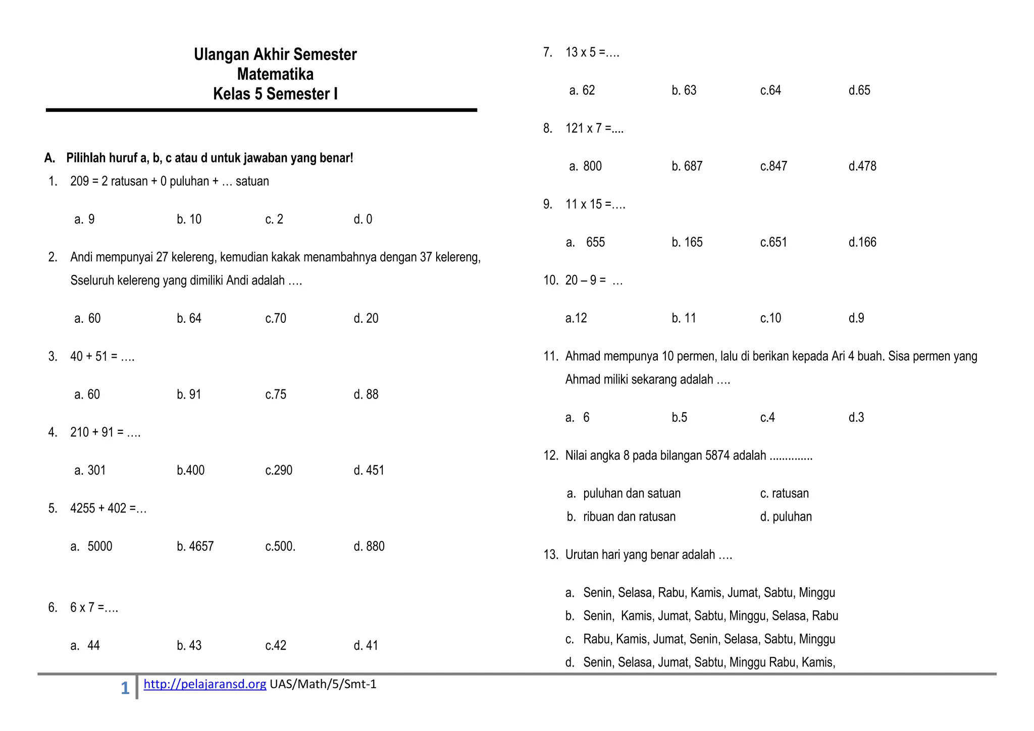 Matematika uas smt 1 kls 5 | PDF