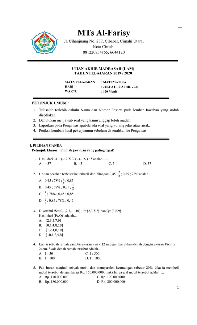 MATEMATIKA UM 2020 MTs AL-FARISY | PDF