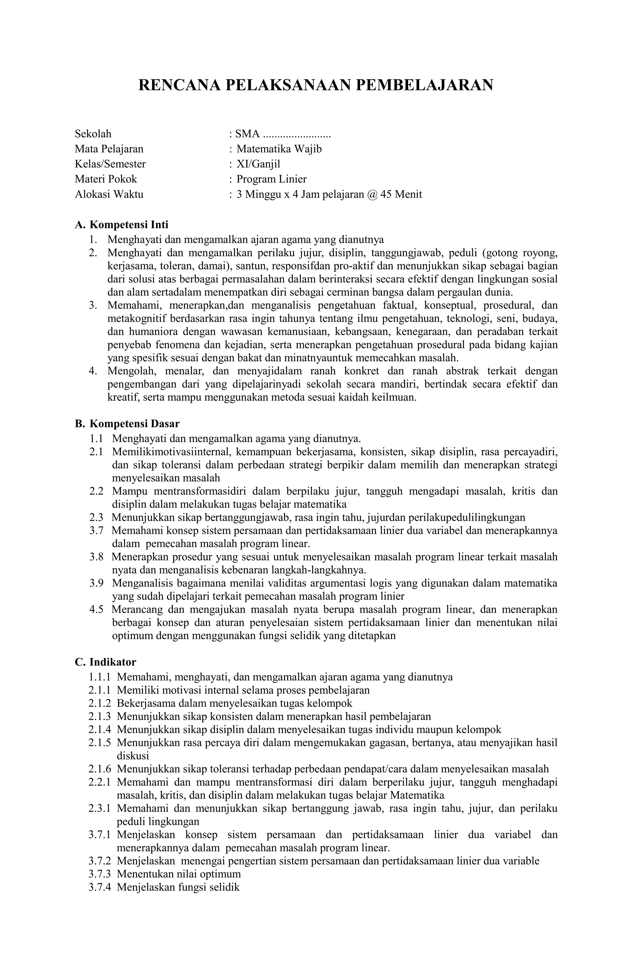RPP SMA Matematika Wajib Kelas XI | PDF
