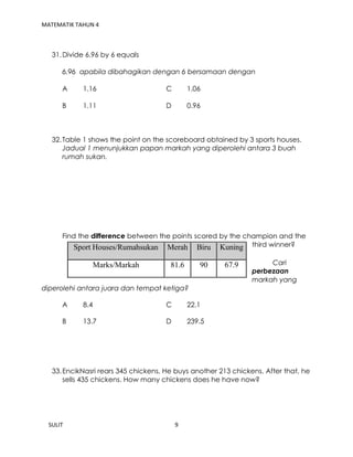 Matematik tahun 4 kertas 1 | PDF