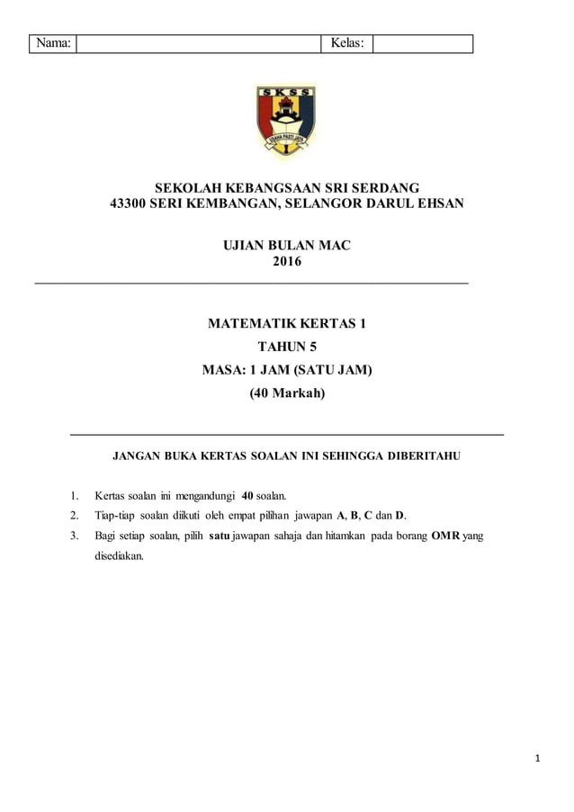 UJIAN SUMATIF 1 MATEMATIK TAHUN 5 2016 | DOCX