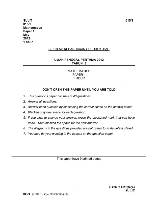 Mathematics Year 5 Paper 1 Penggal 1 Docx Education