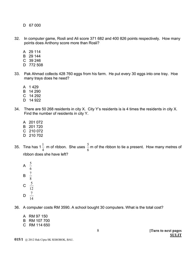 Mathematics year 5 paper 1 penggal 1 | DOCX | Education