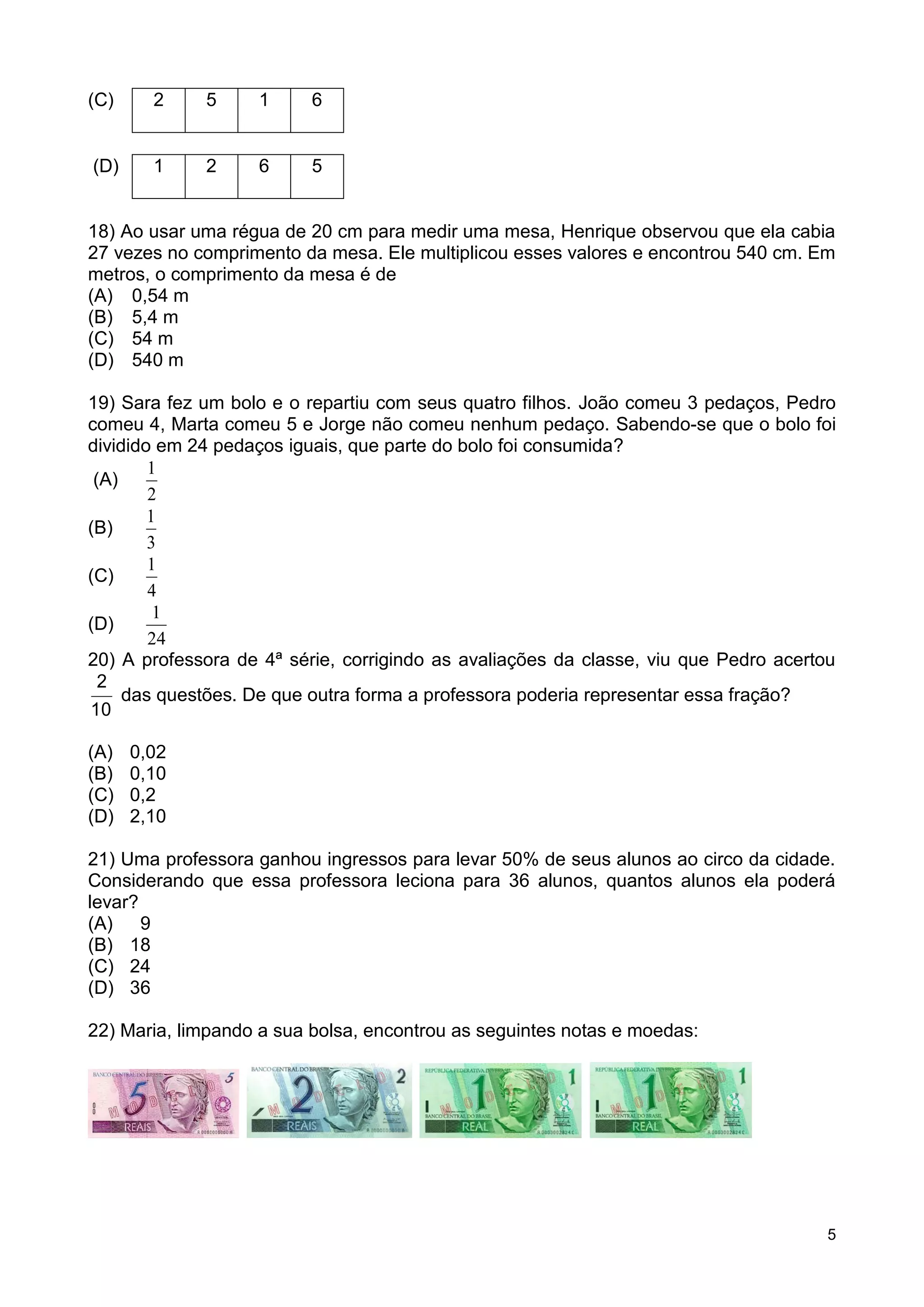 Matemática caderno de questôes (5º ano) - prova brasil | PDF