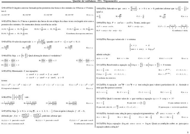 Matemática provas de vestibulares ita 1.101 questões + gabaritos