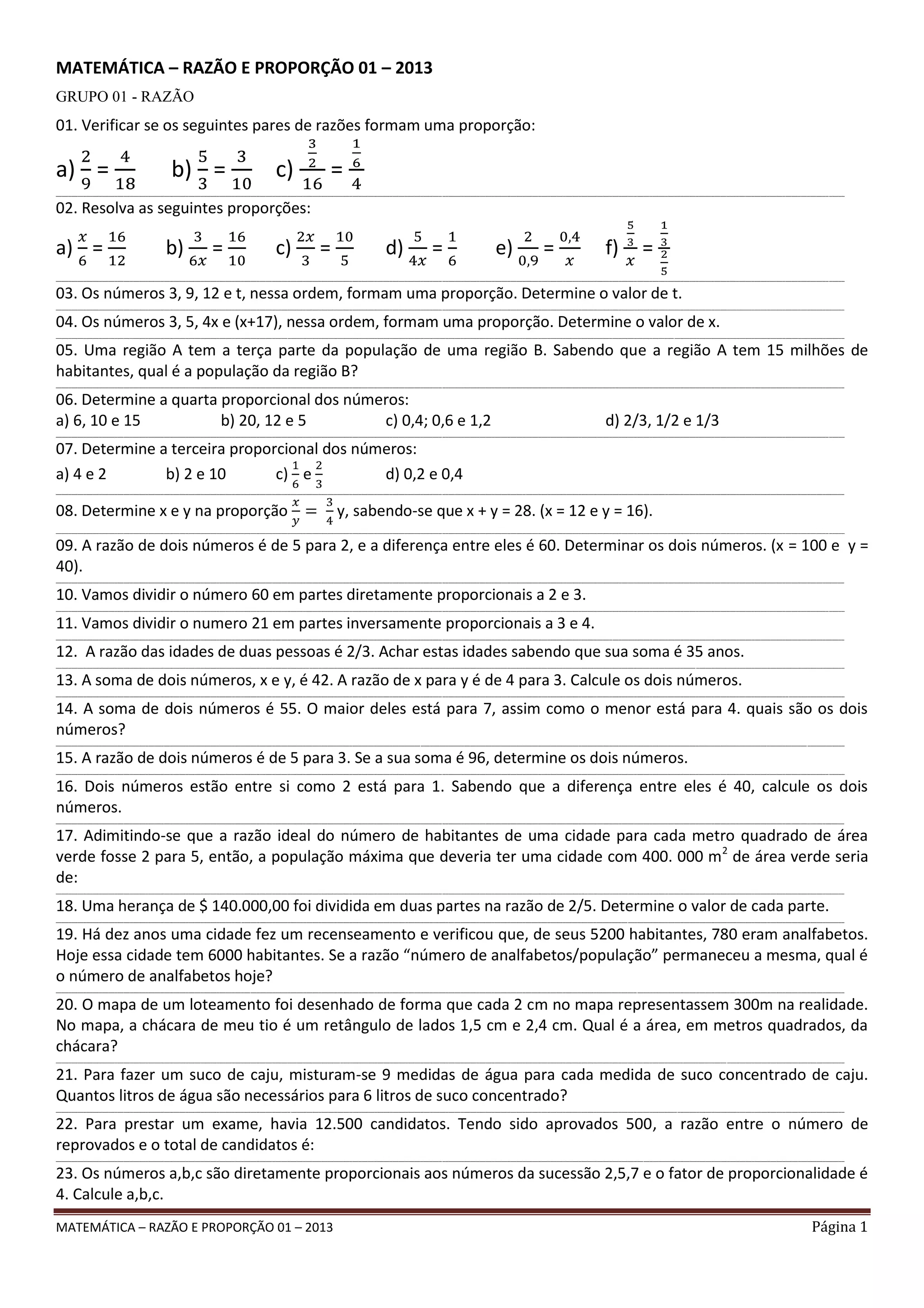 Matemática – razão e proporção 01 – 2013 | DOCX