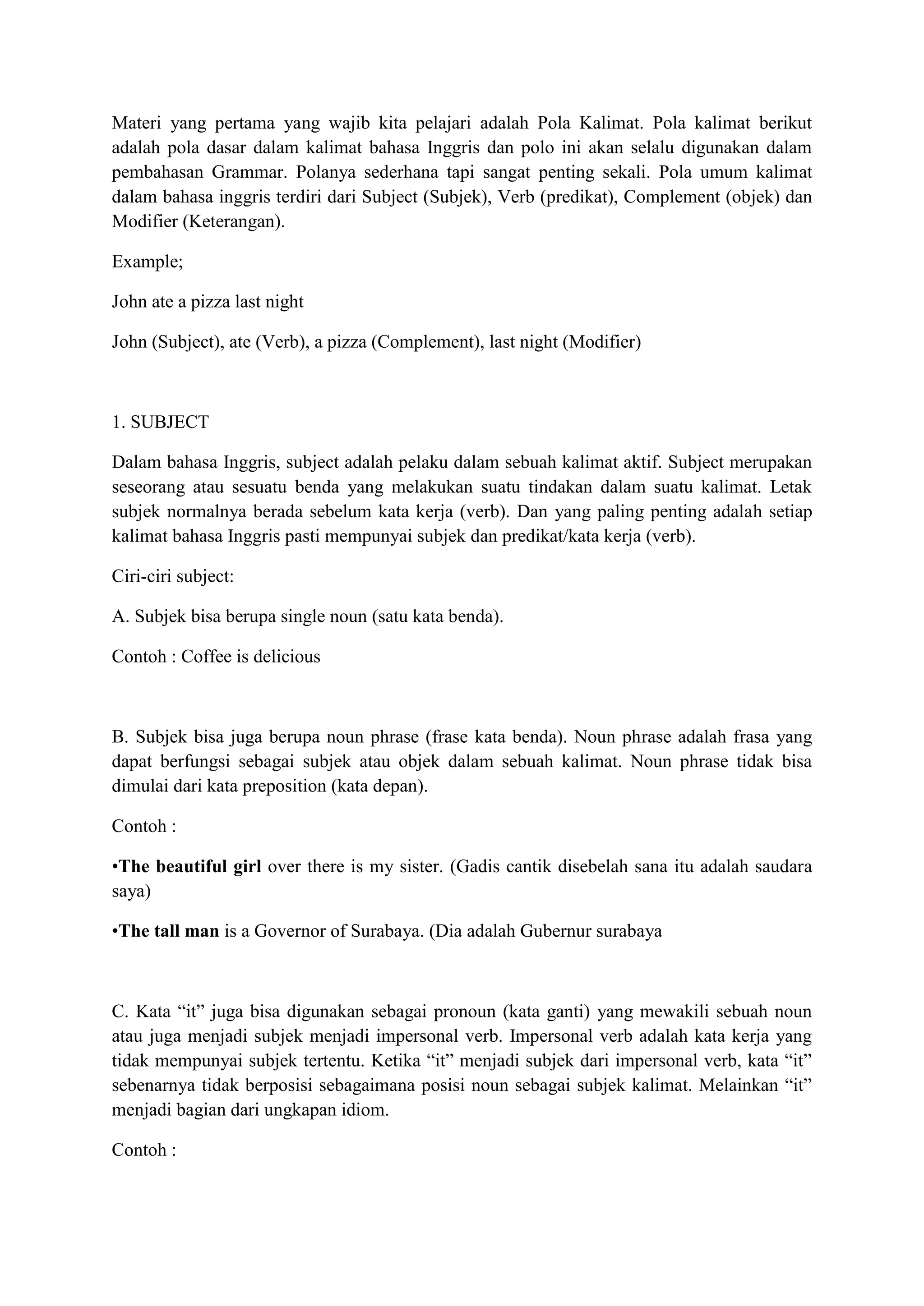 Materi 1 sentence pattern | PDF