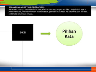 MATERI 4_ DIKSI ATAU PILIHAN KATA.ppt merupakan materi diksi yang lengkap dengan contoh nya | PPT