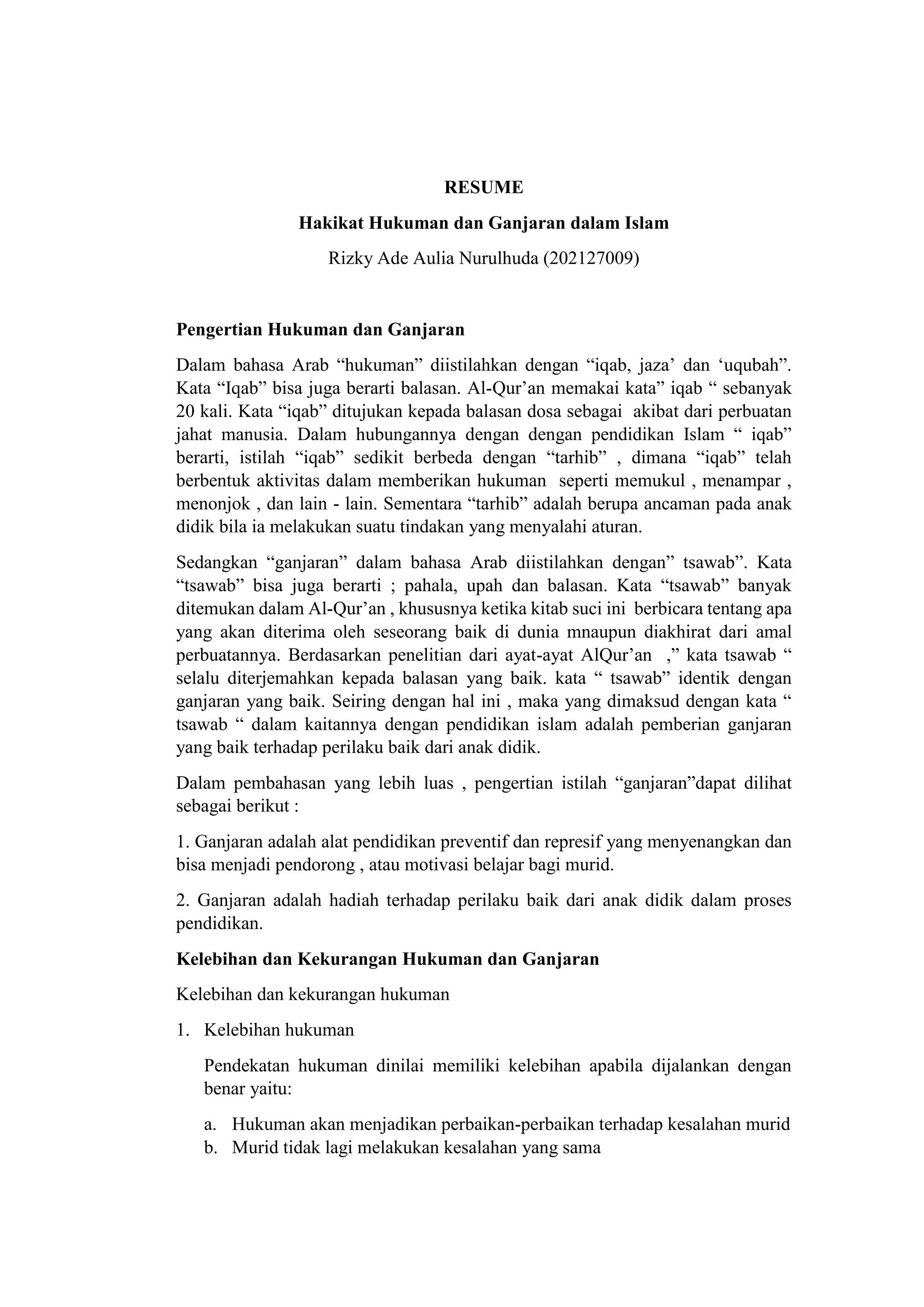 Resume Hakikat Hukuman dan Ganjaran dalam Islam | DOCX