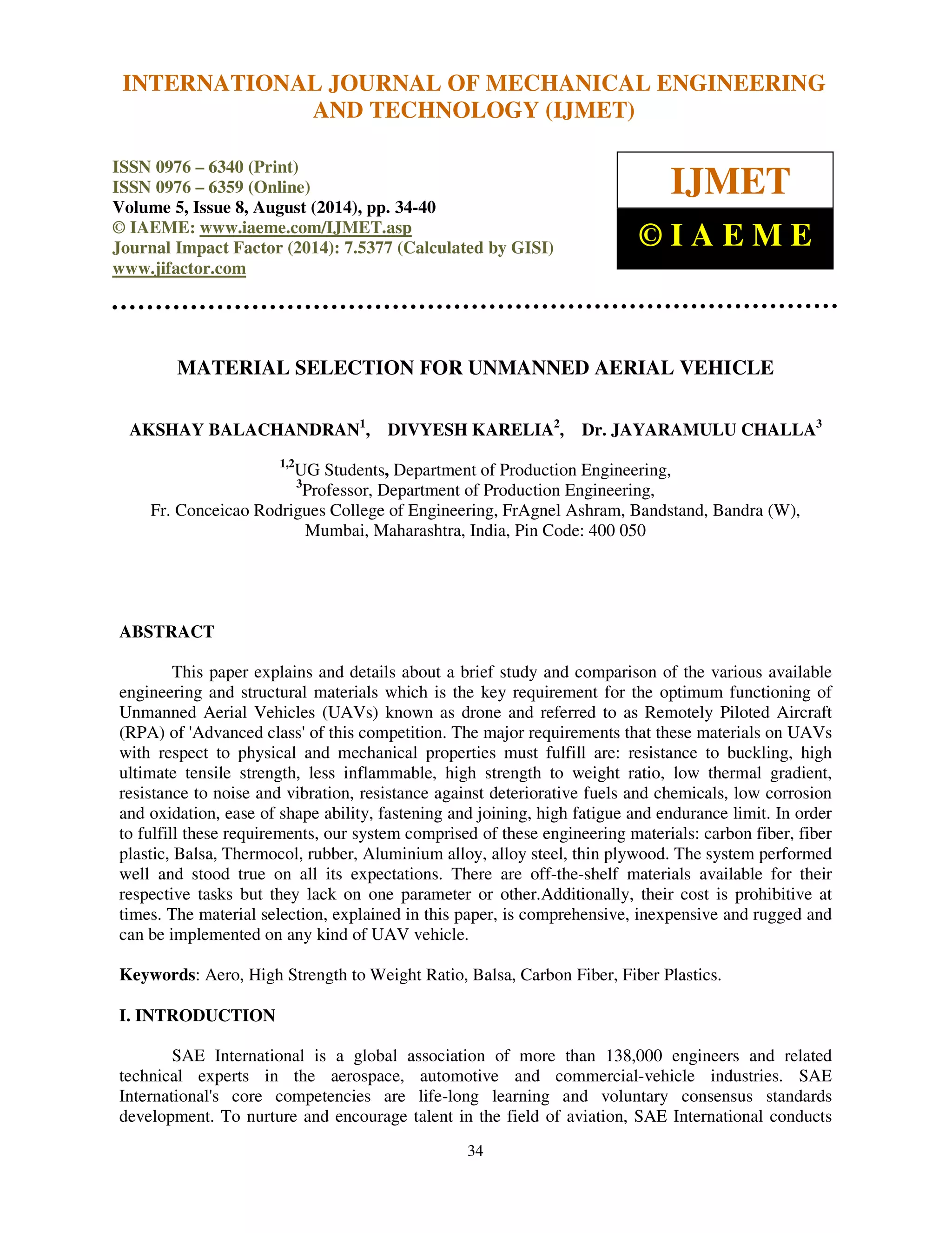 MATERIAL SELECTION FOR UNMANNED AERIAL VEHICLE | PDF