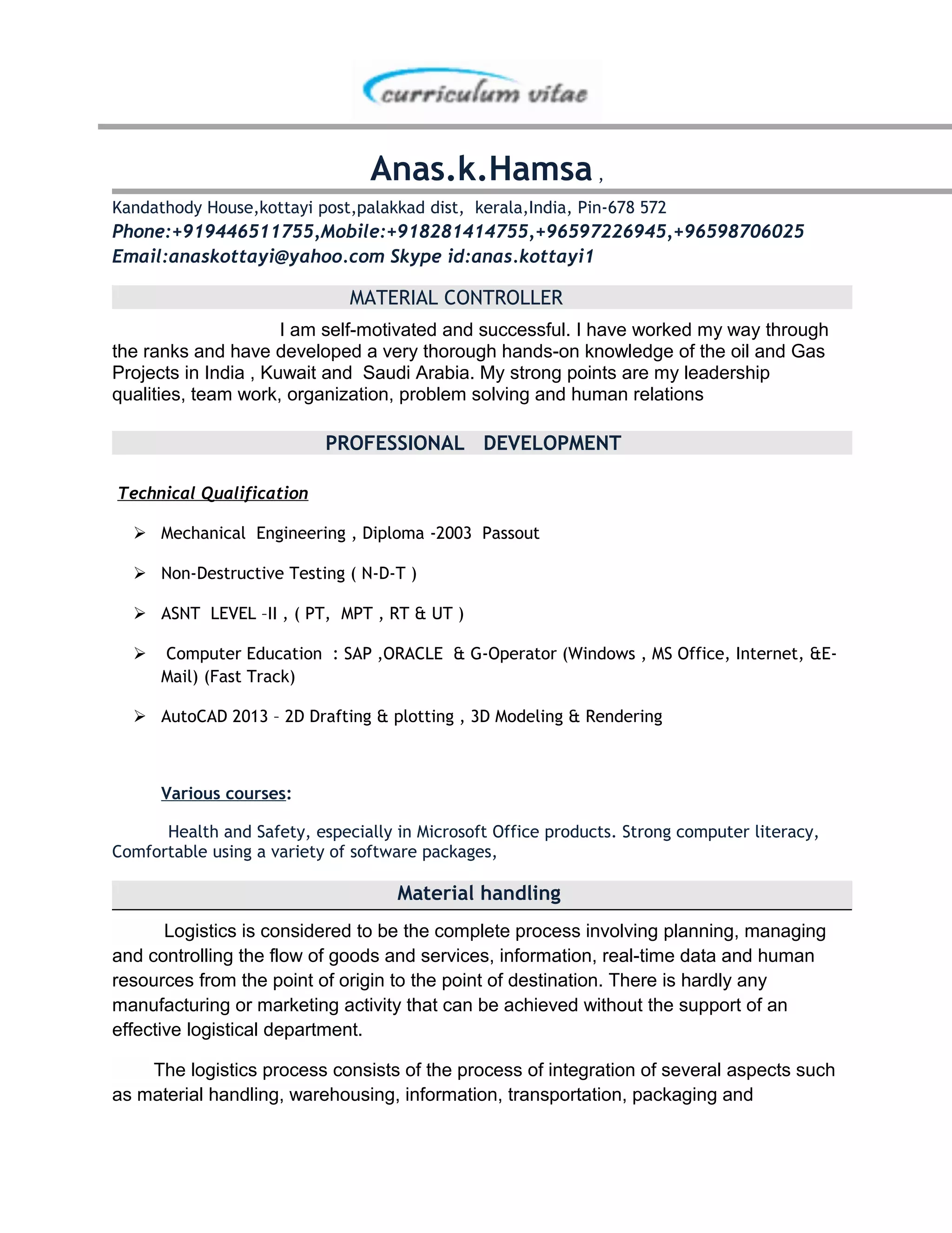 Material controller cv anas | PDF