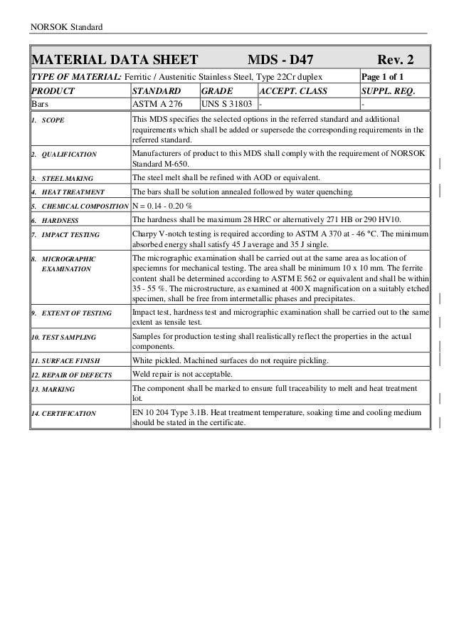 Material data sheet piping