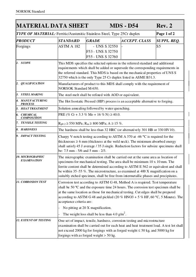 Material data sheet piping