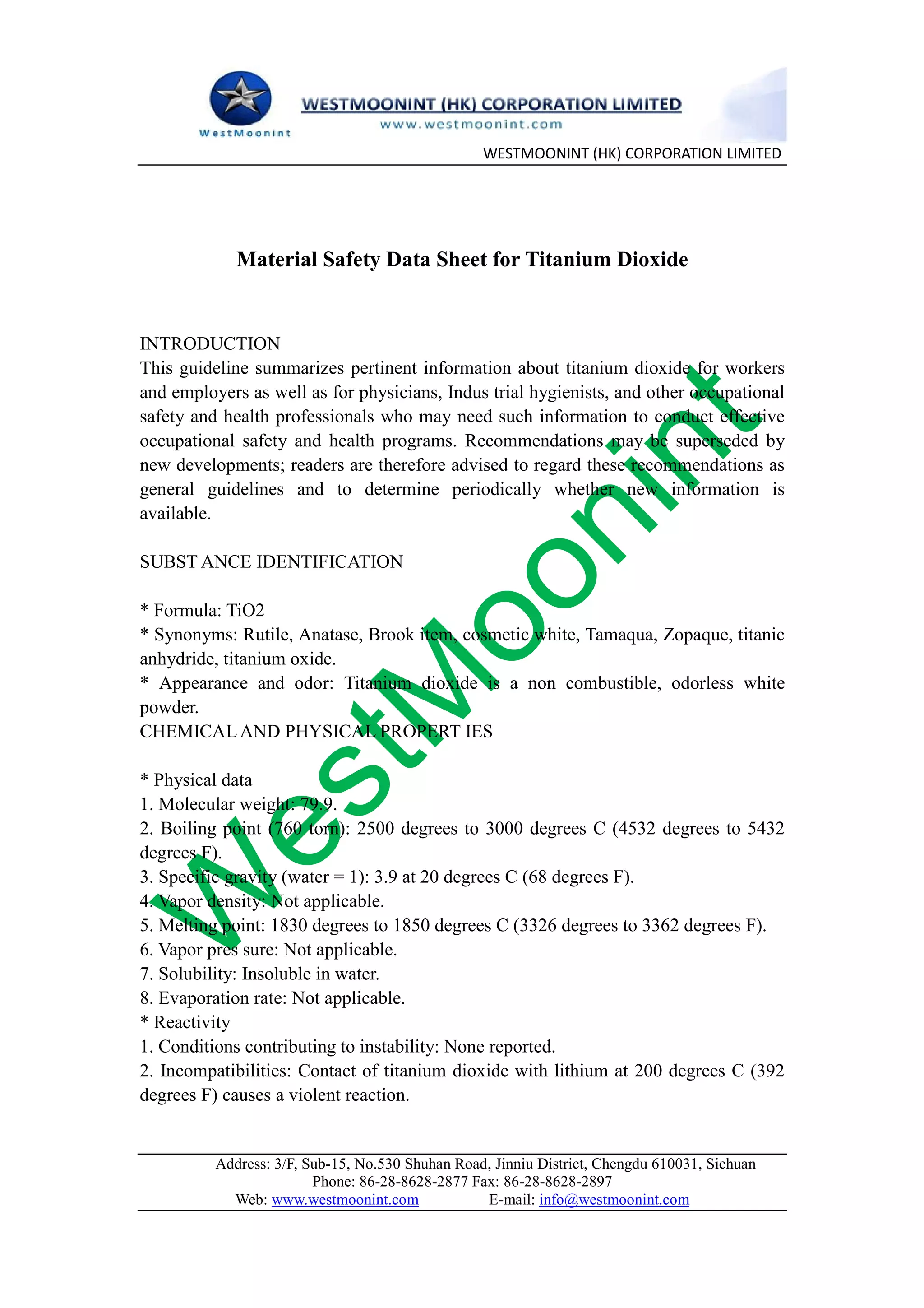 Material safety data sheet for titanium dioxide | PDF | Lung and ...