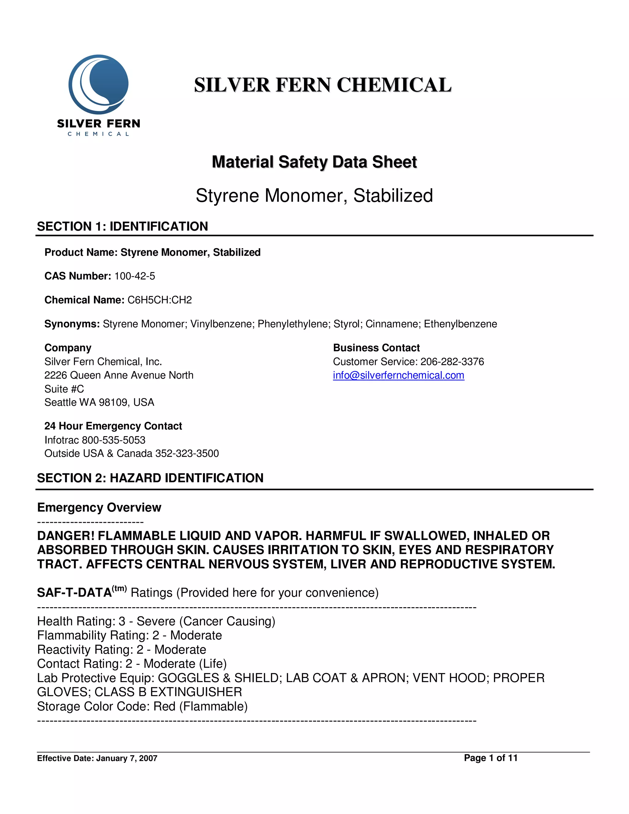Material safety data sheet of styrene monomer | PDF