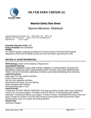 Material safety data sheet of styrene monomer | PDF