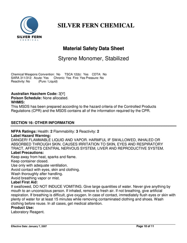 Material safety data sheet of styrene monomer | PDF | First Aid | Injuries