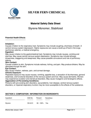 Material safety data sheet of styrene monomer | PDF