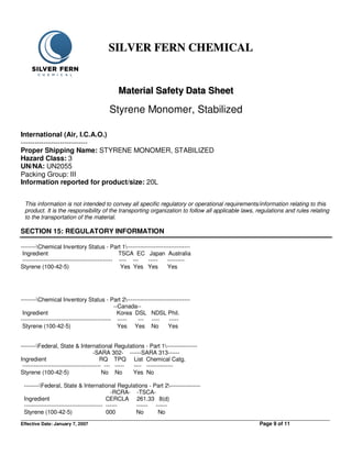 Material safety data sheet of styrene monomer | PDF